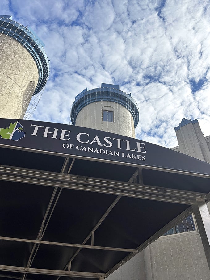 The official signage welcomes visitors to "The Castle of Canadian Lakes," promising an experience unlike any other in Michigan.