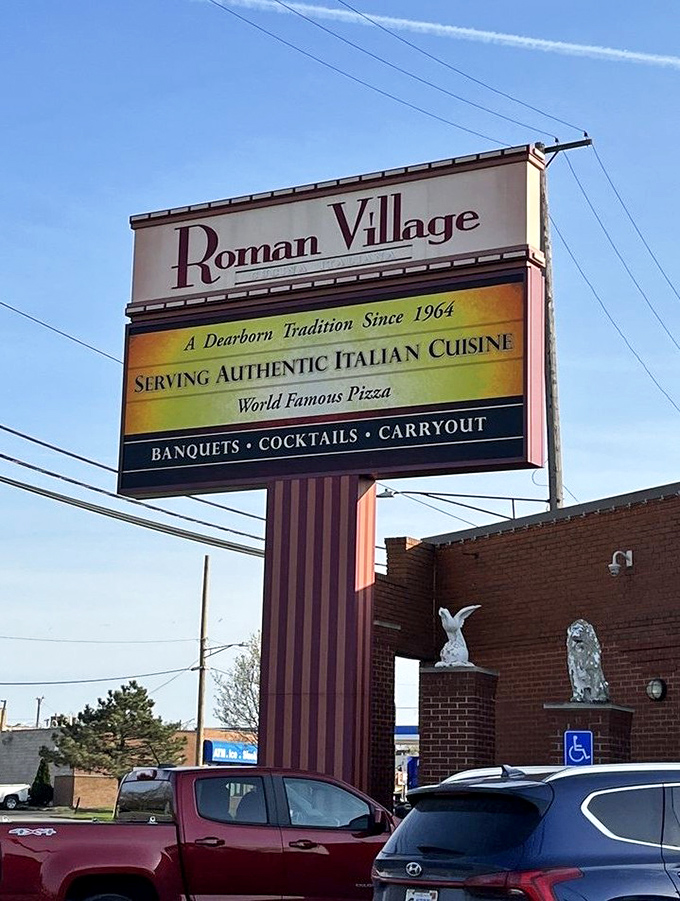 "A Dearborn Tradition Since 1964" proclaims the sign, a testament to decades of serving authentic Italian cuisine to loyal patrons.