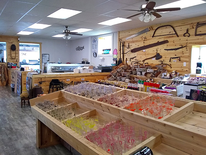 Colorful glass treasures fill wooden bins like an old-fashioned candy store, where every souvenir purchase supports the continuation of local traditions.