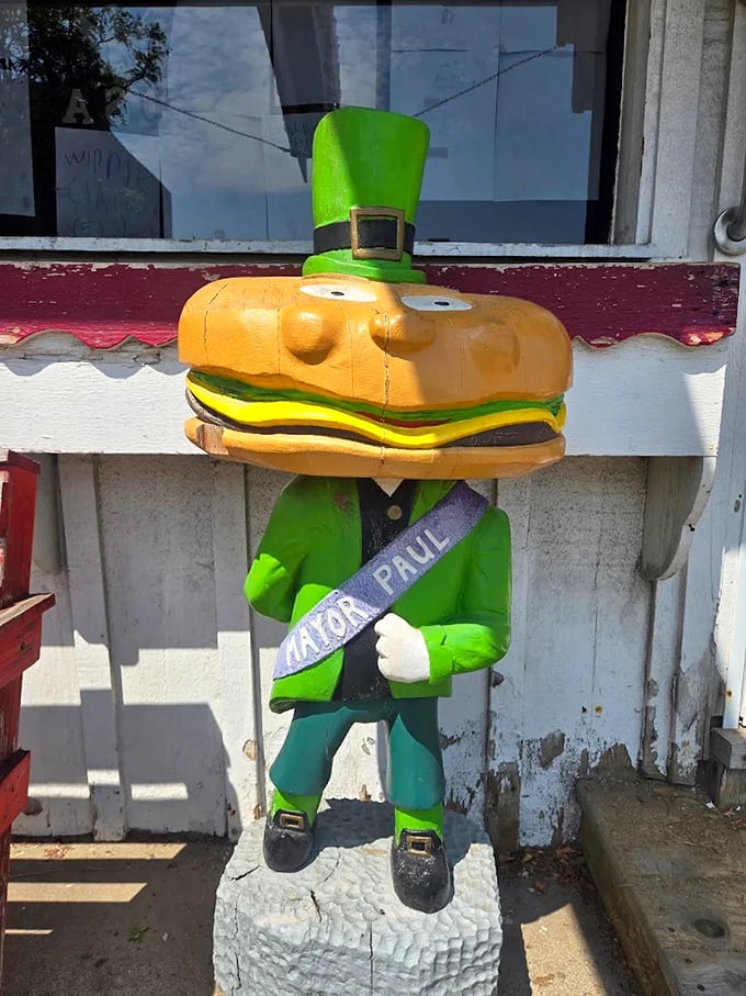 Mayor Paul, the hamburger-headed leprechaun statue, stands guard outside – the kind of wonderfully weird local landmark that makes road trips memorable.