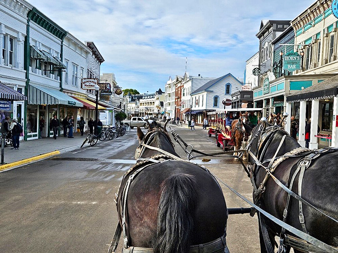 A horse's-eye view down Main Street captures the timeless charm of a thoroughfare where automobiles have never dominated the landscape.