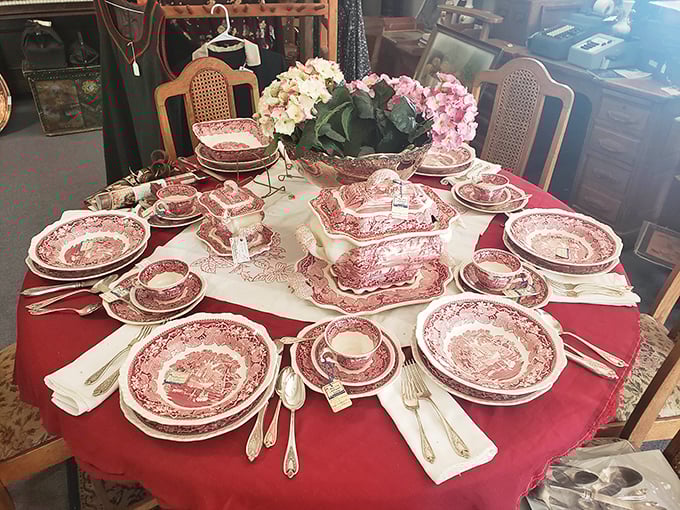This meticulously arranged table setting showcases transferware china patterns that have graced elegant dining rooms for generations, ready for new memories.