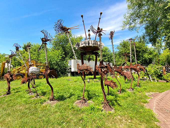 These spindly metal creatures seem caught in mid-dance, a ballet of bolts and beams frozen in time.