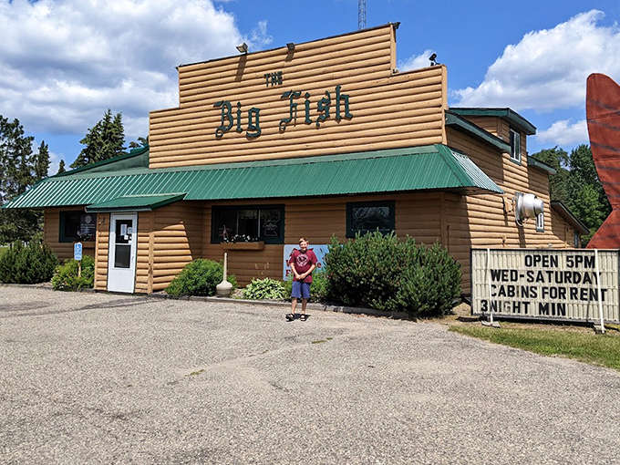 The Big Fish's distinctive wooden facade stands ready to welcome hungry travelers to a truly unique dining experience.