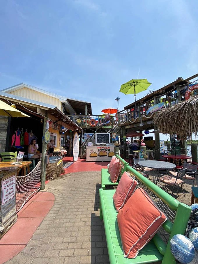 Stroll through this vibrant passageway and feel your blood pressure drop with each step toward the water and waiting refreshments.