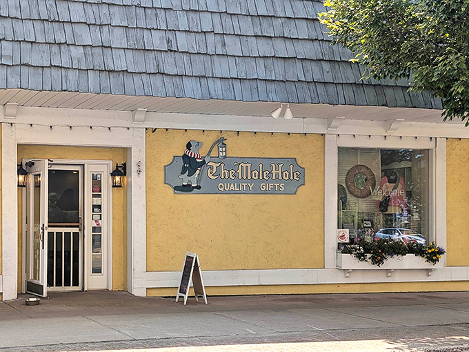 The Mole Hole's cheerful façade promises treasures inside that you never knew you needed until you spotted them on the shelf.