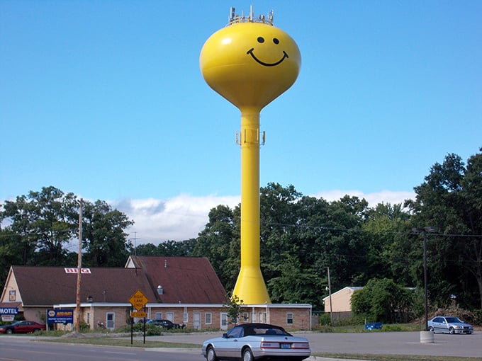 Against clear blue skies, the tower's vibrant yellow practically vibrates with good cheer &ndash; Michigan's most optimistic piece of infrastructure.
