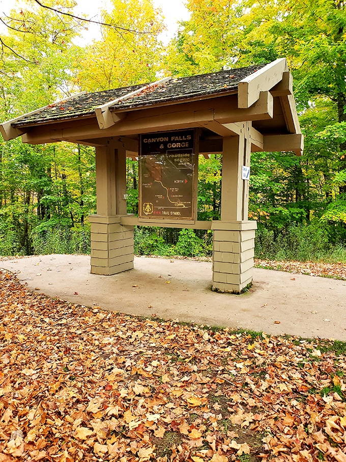 This trail information kiosk stands like a friendly librarian, ready to share the fascinating story of Canyon Falls.