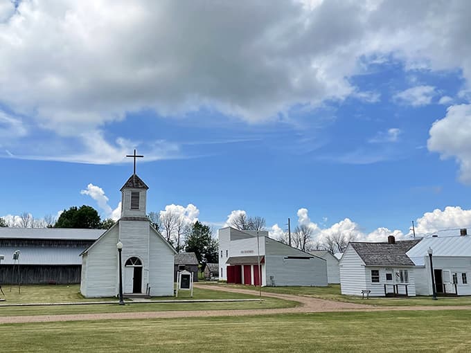 Another angle reveals how the village's layout mirrors actual frontier towns, where churches, businesses, and homes clustered together for community and survival.