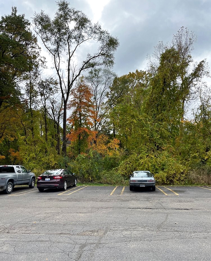Fall foliage creates a spectacular backdrop in the parking area, adding seasonal magic to the castle dining experience.