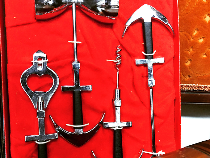 Not your average bar tools &ndash; these implements displayed against rich red velvet hint at darker purposes than mixing cocktails.