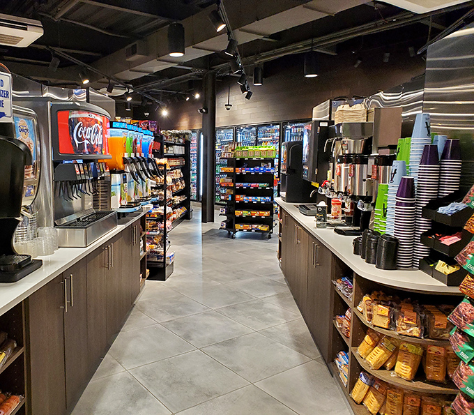 The beverage station offers far more than the usual suspects, with specialty drinks and coffee options that rival dedicated cafés.