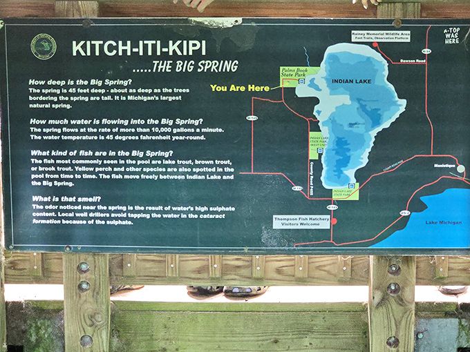 Educational signage explaining the spring's mysteries, for those who want to sound smart when sharing vacation photos later.