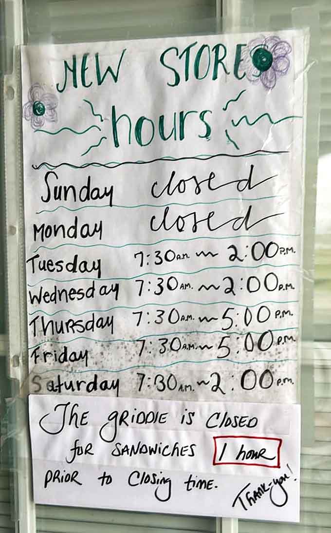 Business hours posted clearly, though they should really just say "Open when you need comfort food, closed when we run out."