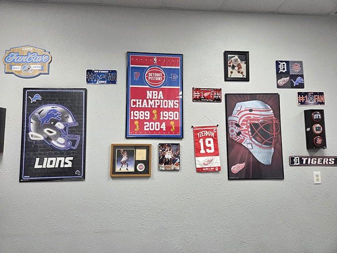 Michigan sports memorabilia adorns the walls, reminding visitors that local pride runs deep&mdash;even when your knees are weak from trampoline sessions.