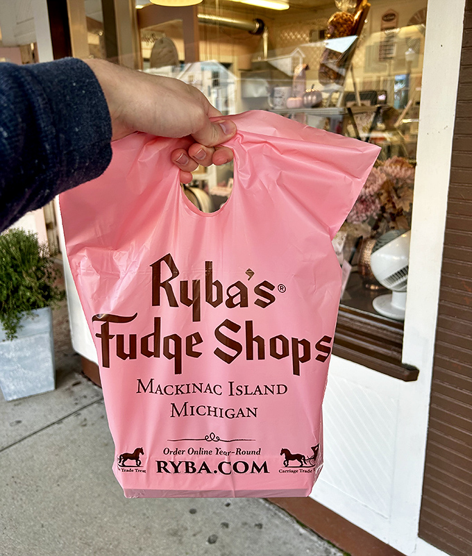 The iconic pink bag – Mackinac Island's most recognizable souvenir and proof that you've made excellent life choices today.
