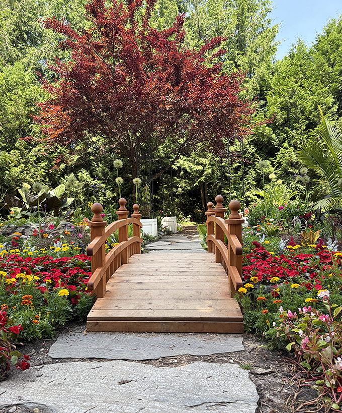 This wooden footbridge doesn't just connect garden spaces &ndash; it invites moments of pause to appreciate the journey as much as the destination.