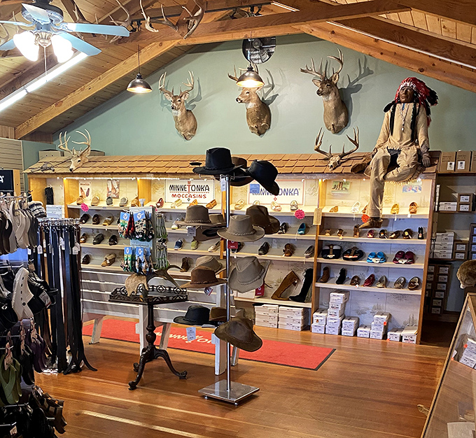 A hunter's paradise of a different sort &ndash; the gift shop's impressive display of hats and outdoor gear for every adventure.