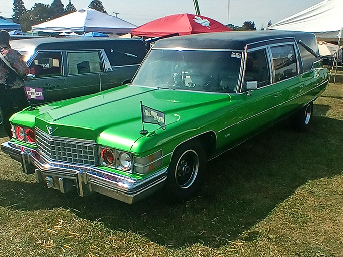 Green Cadillac hearse: Emerald elegance meets funeral function in this showstopping Cadillac &ndash; proving the afterlife has room for color.