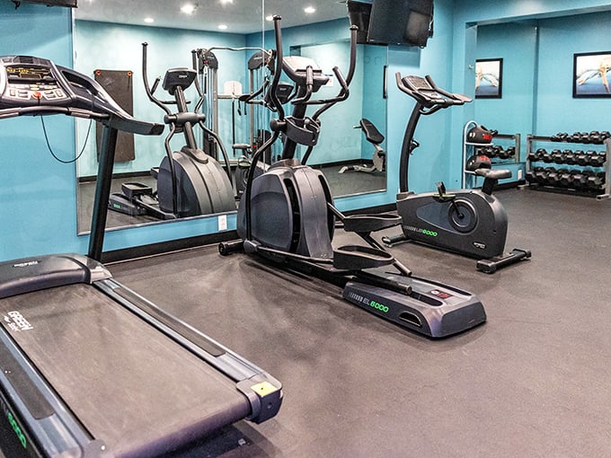 The fitness center awaits the ambitious few who somehow haven't gotten enough exercise chasing kids through water attractions all day.