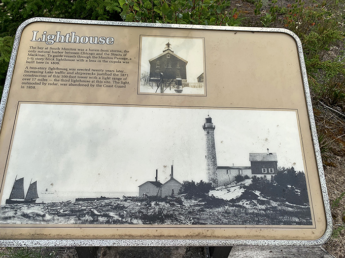 Historical signage: A weathered plaque tells tales of maritime history, shipwrecks, and the critical role this lighthouse played in Great Lakes navigation.