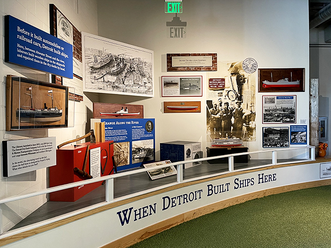 "When Detroit Built Ships Here"&mdash;Historical displays honor the building's industrial past while connecting visitors to Michigan's rich maritime heritage.