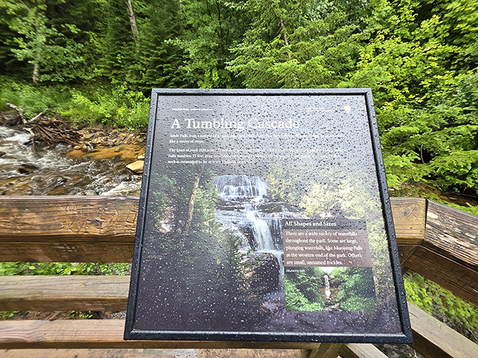 Educational signage explains the falls' formation, though the real education comes from simply standing in its magnificent presence.