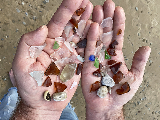 Treasures from the deep – beach glass in every color tells stories of journeys across the lake, polished by time.