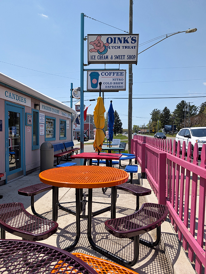 The colorful outdoor seating area invites you to savor your frozen masterpiece while watching the New Buffalo world go by.