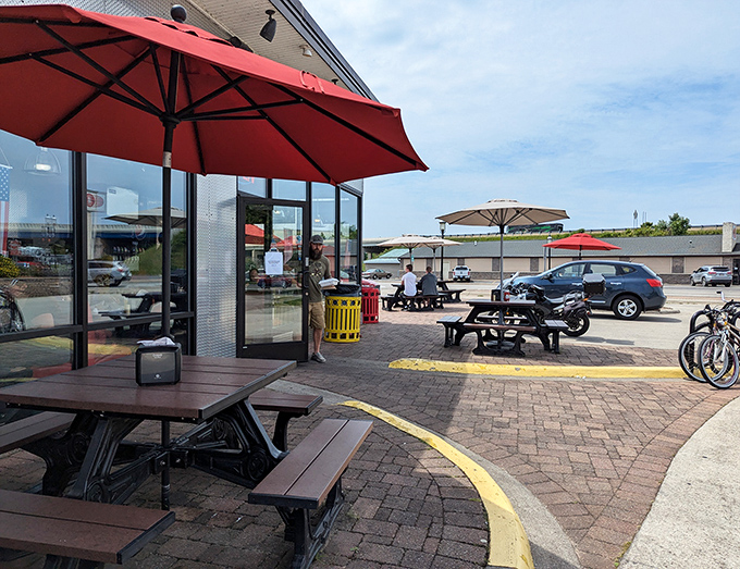 Outdoor seating offers the perfect summer spot to enjoy your hot dog while watching Mackinaw City life unfold &ndash; people-watching included free.