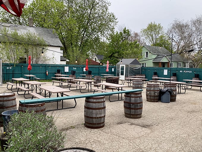 The outdoor seating area welcomes Michigan's brief but glorious summer with open arms and plenty of space for pizza-induced happiness.