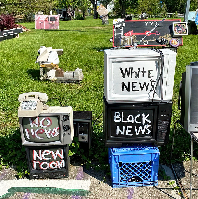 These repurposed televisions broadcast a powerful message about media consumption, painted with commentary sharper than any news program.