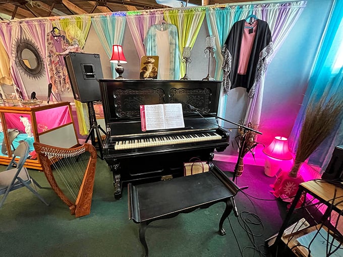 The antique piano stands ready for impromptu melodies, adding an unexpected musical dimension to this multi-sensory haven.