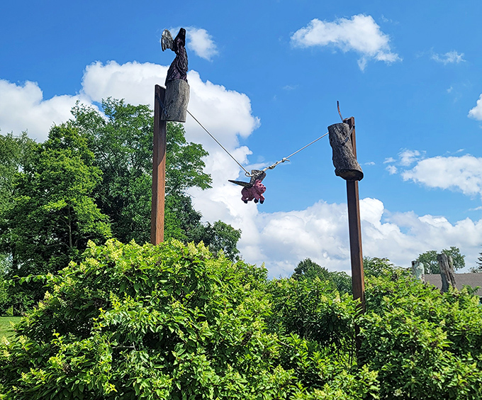 This whimsical flying pig sculpture proves that at Fantasy Forest, the only limit is the artist's imagination &ndash; and gravity doesn't apply.