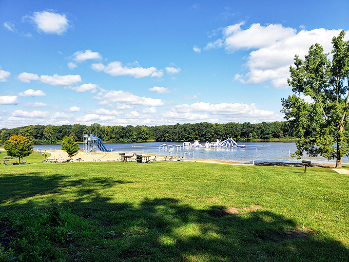 Nature and recreation in perfect harmony – lush greenery frames the colorful water playground in this Michigan summer paradise.