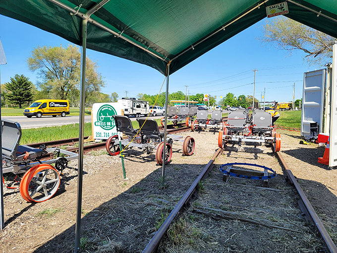 Behind the scenes at Wheels on Rails, where the specialized bikes await their next group of adventurous passengers.