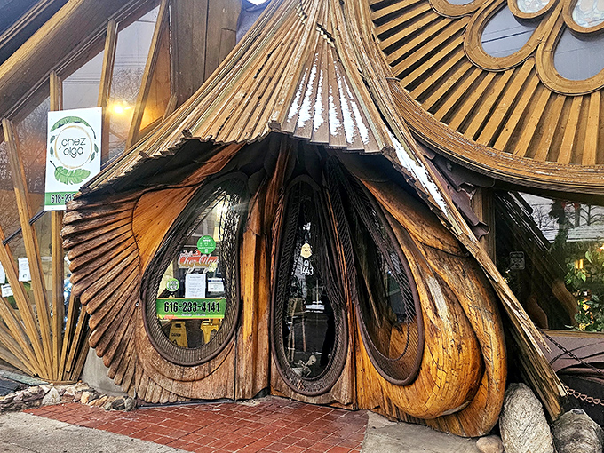 The entrance looks like it was carved from a storybook &ndash; those organic wooden curves and porthole windows whisper "come inside for an adventure."