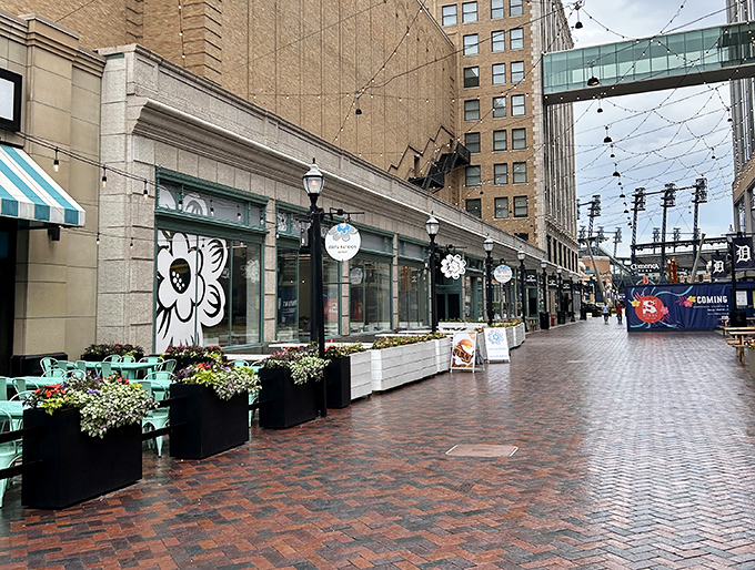 The pedestrian-friendly promenade outside offers the perfect post-meal stroll venue, with the restaurant's cheerful facade brightening up downtown Detroit.