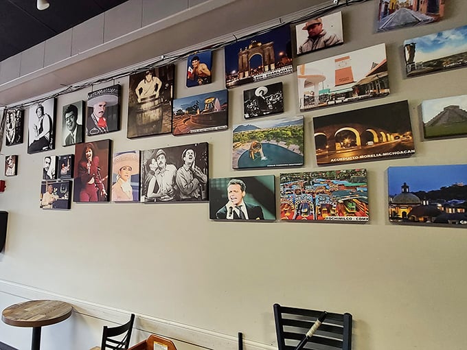 A gallery wall of Mexican cultural icons and landscapes pays homage to the culinary traditions that inspire every dish.