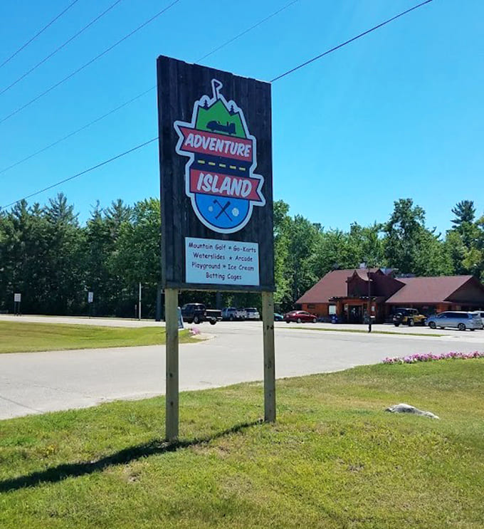The Adventure Island sign announces your arrival at Muskegon's family fun headquarters, where mini golf meets go-karts meets good times.