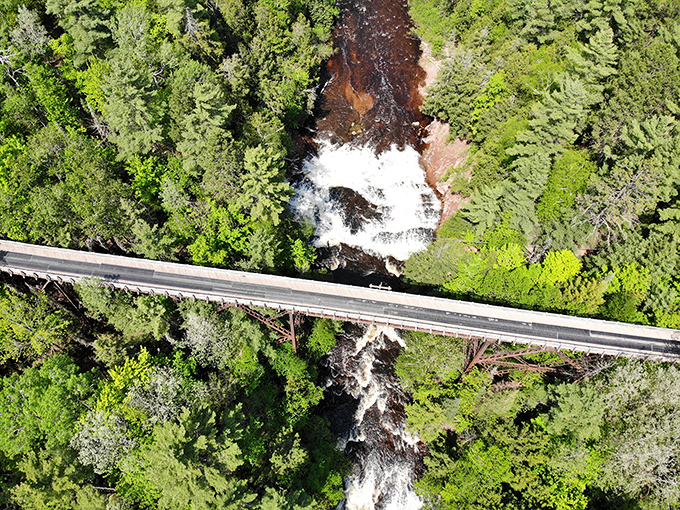 An aerial view reveals how the Ontonagon River has carved its masterpiece through ancient rock &ndash; patience and persistence creating something spectacular.