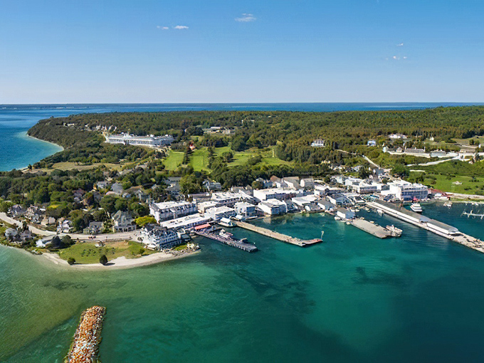 This aerial view shows the island's stunning isolation, a place where time moves differently and the past refuses to stay buried.