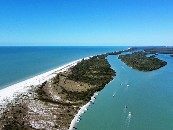 Bird's eye candy: Keewaydin Island from above looks like nature's perfect sandwich &ndash; water, sand, and greenery layered just right.