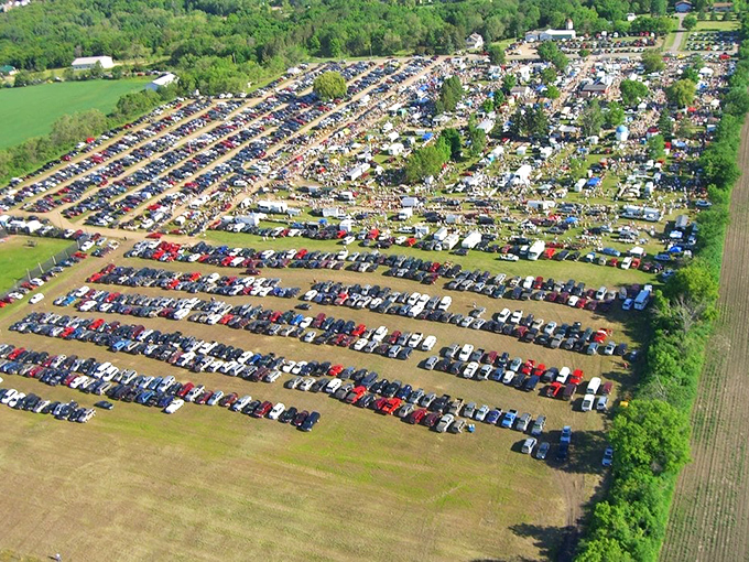 From above, the market resembles a colorful patchwork quilt of tents, vehicles, and treasure-seekers on a perfect Minnesota day.