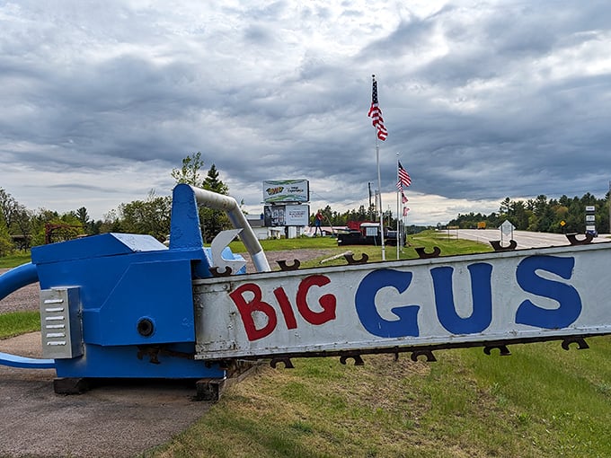 The massive blue chainsaw that greets visitors serves as both world record holder and perfect introduction to the attraction's oversized charm.