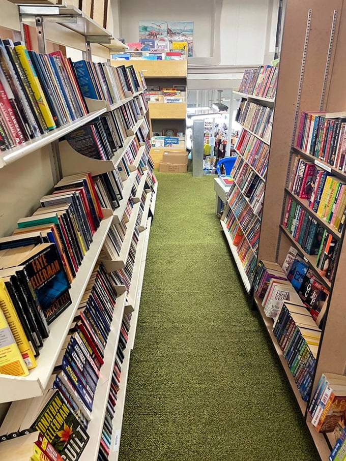 The fiction section stretches into the distance, a canyon of stories where literary worlds wait patiently for their next reader.
