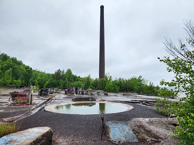 The circular pool reflects sky where it once held industrial materials, nature's mirror replacing manufacturing with contemplative beauty.
