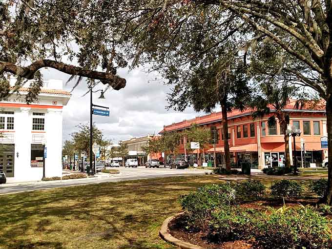 The heart of downtown Sebring showcases Florida architecture at its finest, with palm trees and historic buildings creating a postcard-perfect scene.