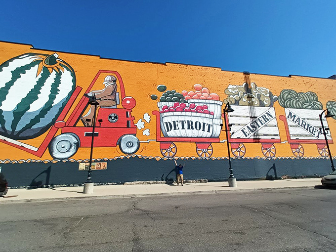 Detroit's agricultural heritage rolls proudly across this vibrant mural, celebrating the connection between city and farm that Eastern Market embodies.
