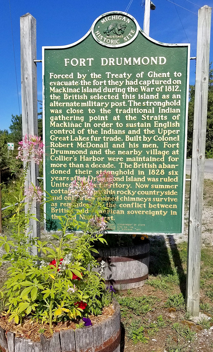 Fort Drummond Marker: History stands preserved in this green Michigan marker, telling tales of British soldiers, fur traders, and the island's strategic importance in shaping the region.